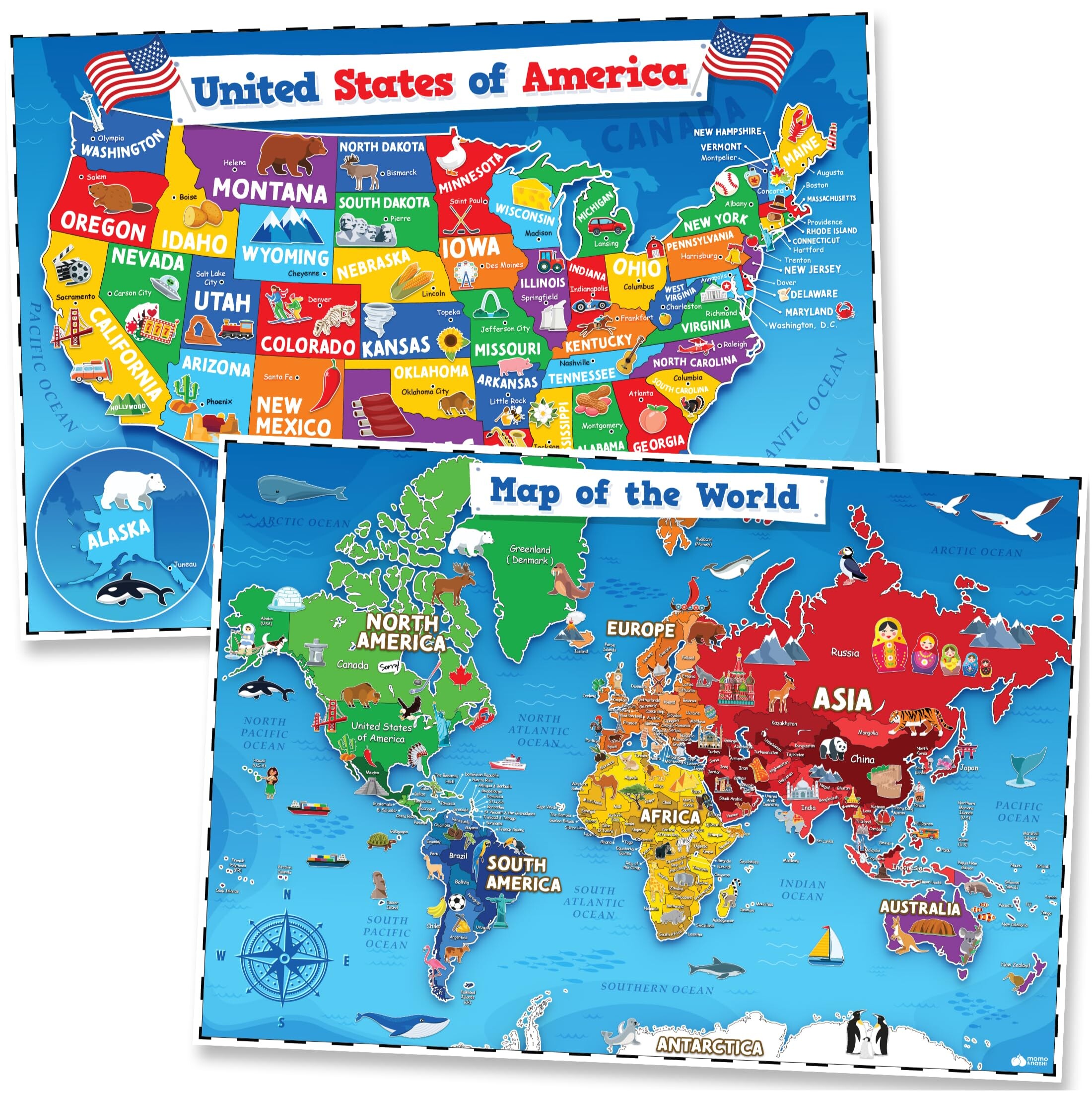 United States & World Map Poster For Kids - 2 PC - 24 x 16 Inch ...