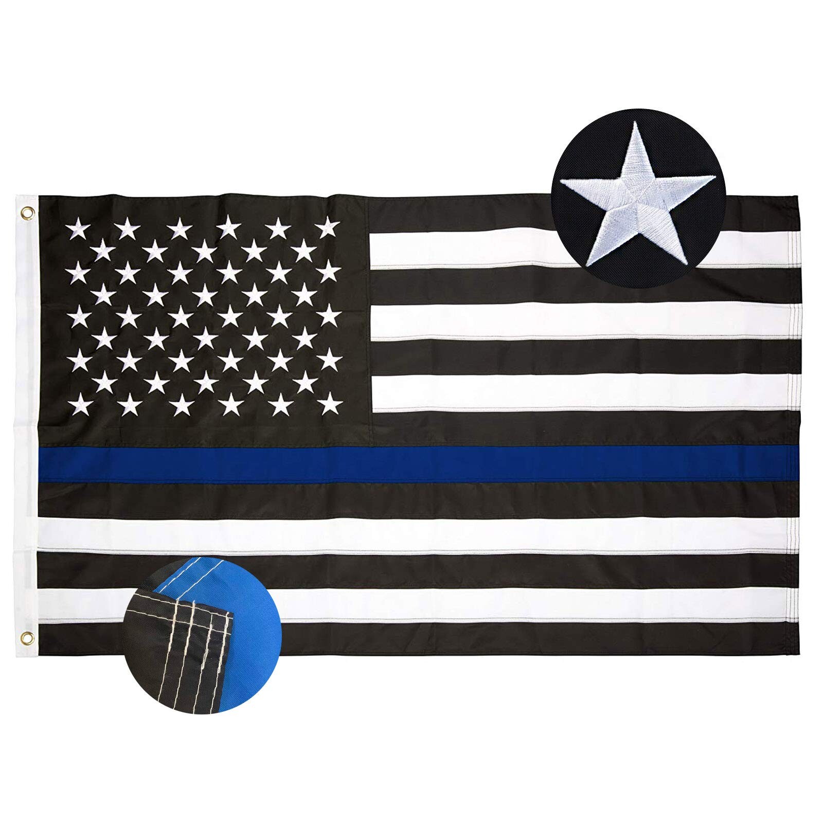 Embroidered Thin Blue Line Police Flag 3x5 Outdoor- Blue Stripe ...