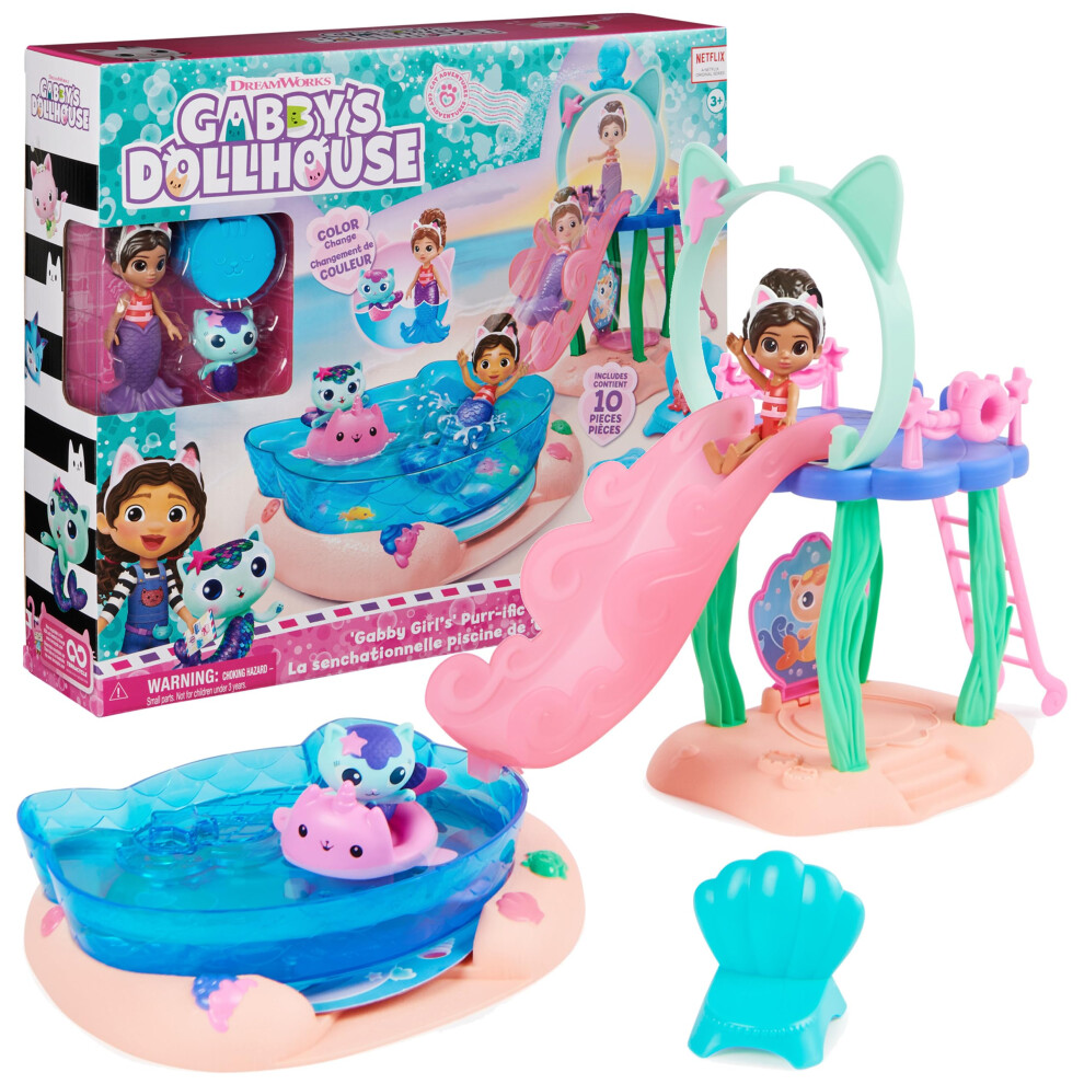 Casa de mu ecas Gabbys Purr-ific Pool Playset con figuras de Gabby y MerCat, colas de sirena que ...