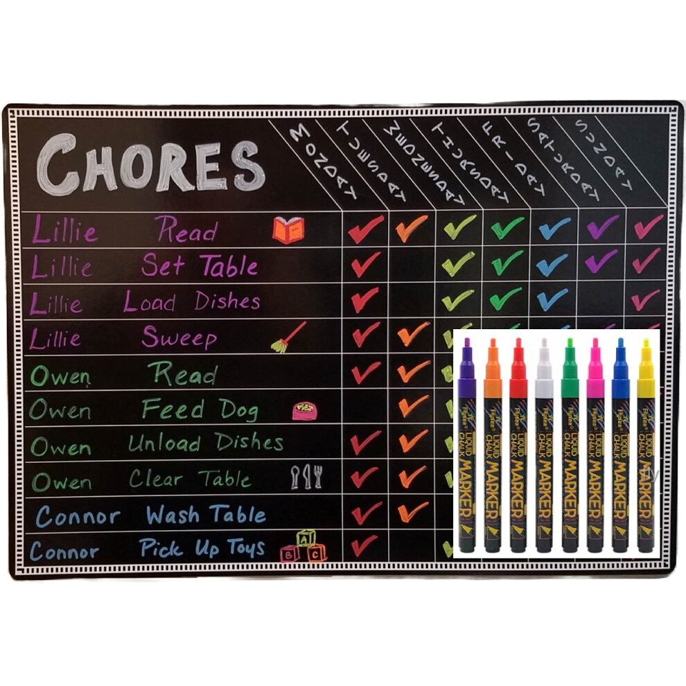 Chore Board | with 8 Pack Vibrant Liquid Chalk Markers | 12x17 Magnetic ...