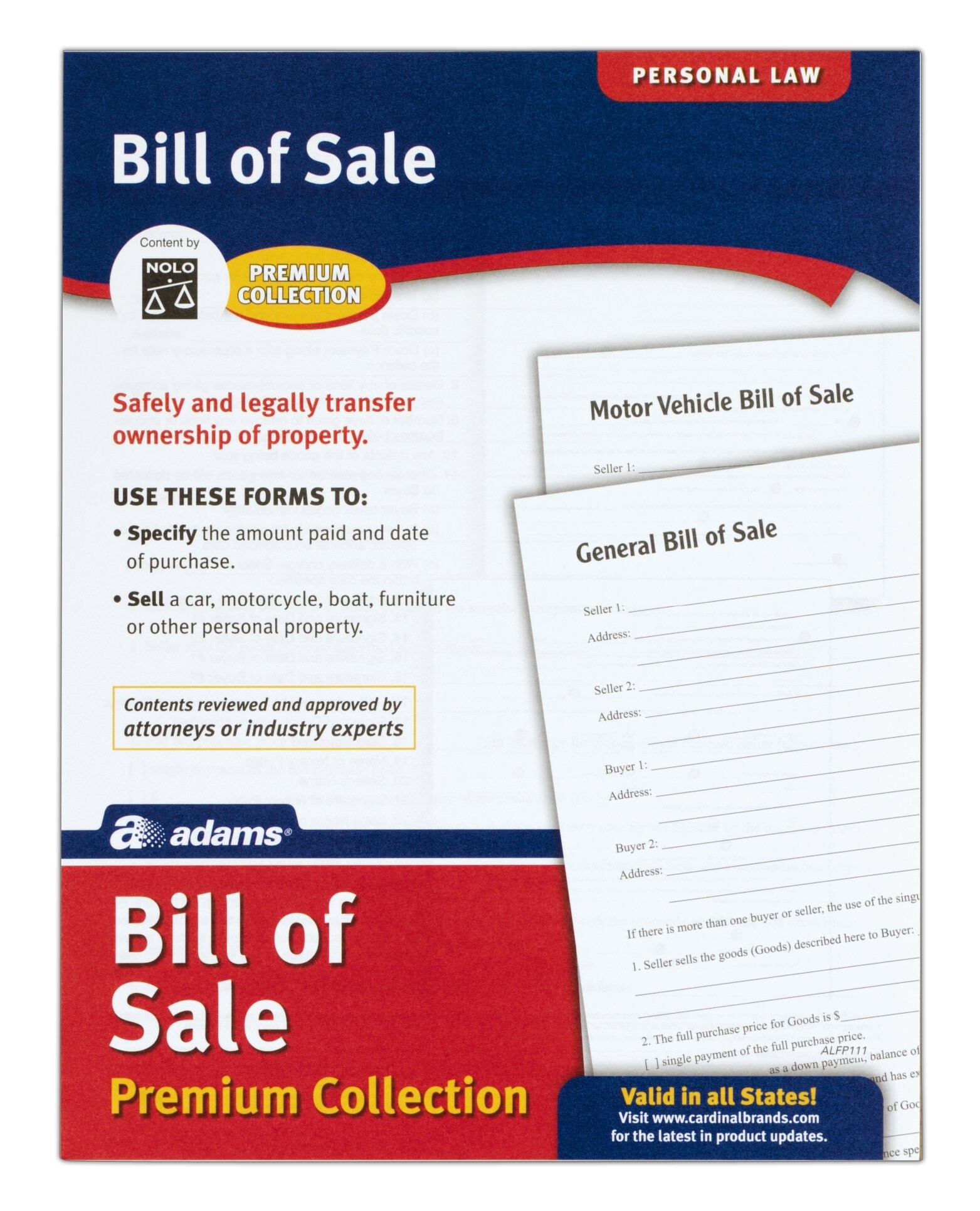 Adams Bill of Sale Forms Pack Includes 2 Motor Vehicle and 2 General ...