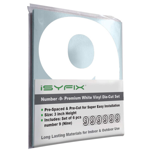 iSYFIX Weisse Vinyl-Aufkleber mit der Zahl 9 (Neun) ? 6er-Pack, 7,6 cm ...