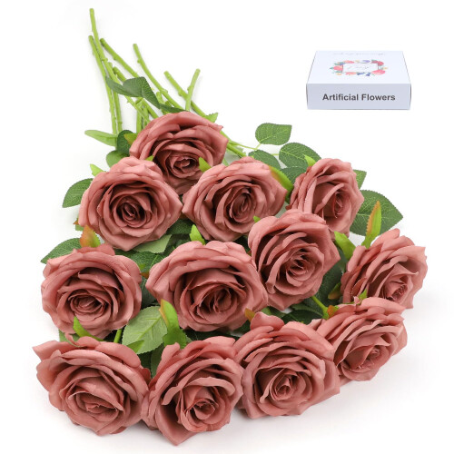 LVEFIT Artificial Rose Flower Dusty Rose Flowers Silk Flowers 12 pcs ...