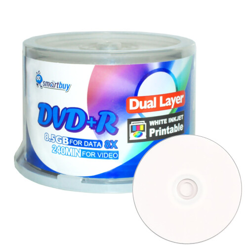 Smartbuy 50-disc 8.5gb/240min 8X DVD+r Dl Dual Layer Double Layer White Inkjet Hub Printable ...