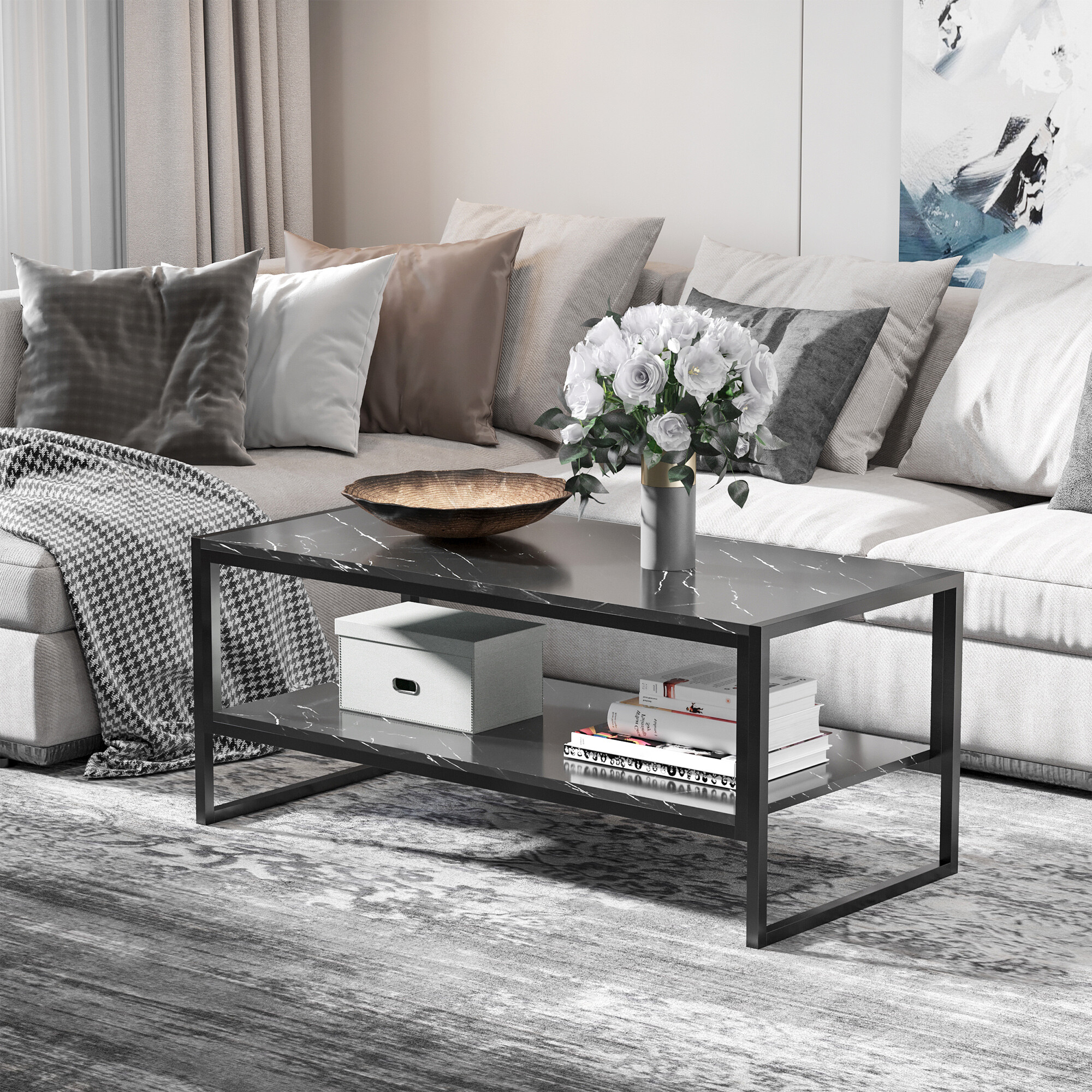 HOMCOM Two-Tier Coffee Table with Marble Effect Shelf and Metal Frame ...