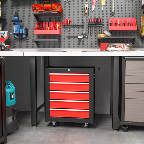 HOMCOM 5-Drawer Tool Chest Steel Lockable Tool Storage Cabinet w/ Wheels Red on OnBuy
