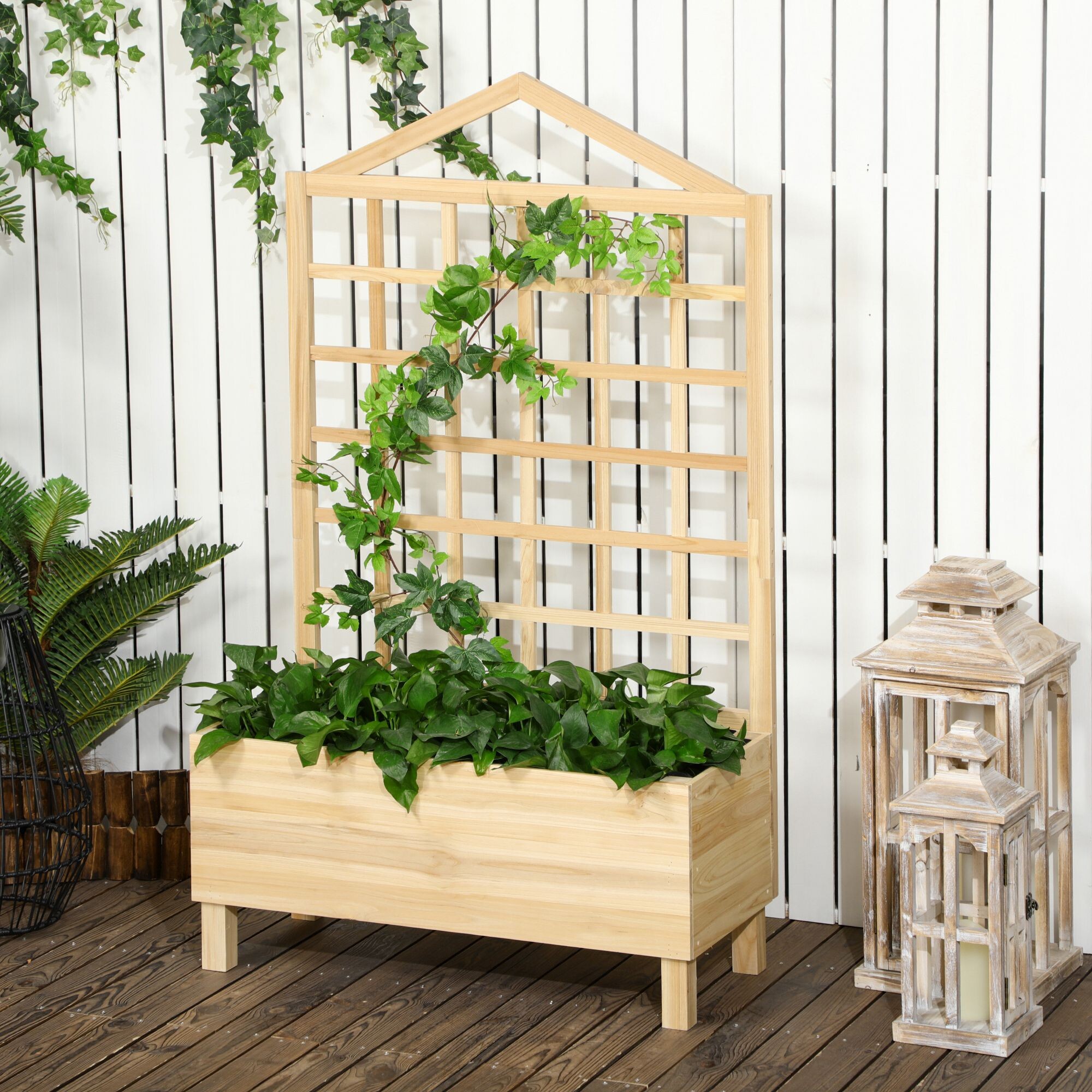 Outsunny Wooden Garden Planters with Trellis for Vine Climbing Plants ...
