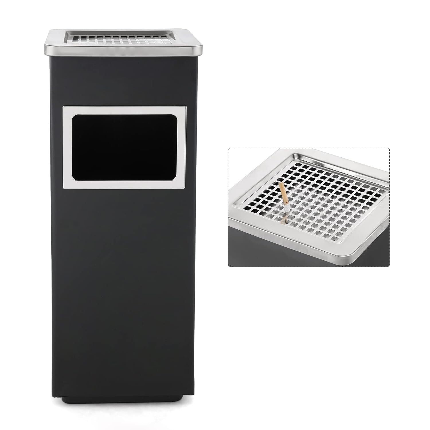 (Square, Black) Rubbish Bin Outdoor Stainless Steel Trash Bin with Grid ...