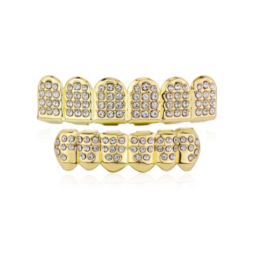 JINAO Gold Grill 14K Gold Plated Iced Out Teeth Grillz Top Bottom Tooth ...