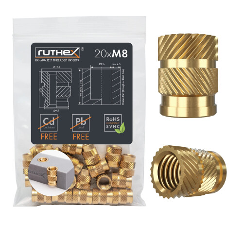 ruthex M8 Threaded Inserts 20 Pieces RXM8x12.7 Brass Heat Set Insert ...