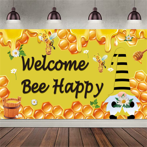 KYMY Welcome Bee Happy Backdrop Banner with 708x433inch Honey Bee Gnome ...