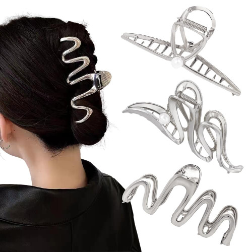 3 Pack Hair Claw Clips for Thick Long Hair Silver Metal Wave Cross with ...