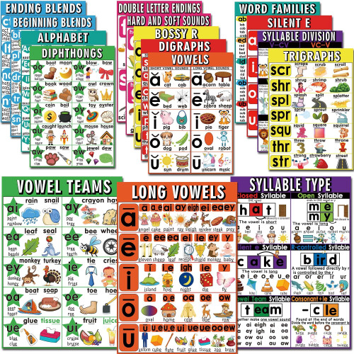 16 English Phonics Posters Language Arts Charts for Kids Toddler ...