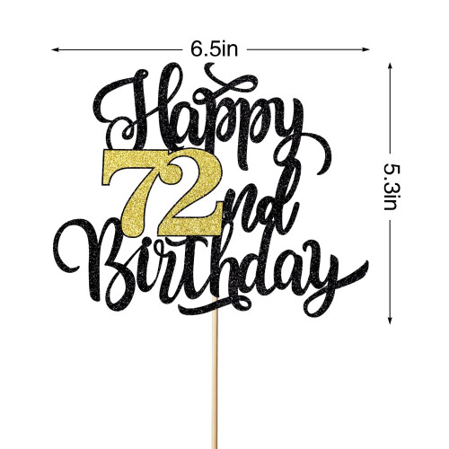 Leetaivie Happy 72nd Birthday Cake Topper Black Gold Glitter Birthday ...