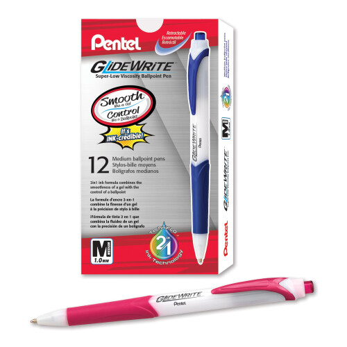 Bol grafo Pentel GlideWrite con tinta TechniFlo (1,0 mm), trazo medio rosa, caja de 12 (BX910-P ...