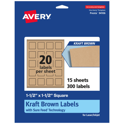 Avery Kraft Brown Square Labels with Sure Feed 1.5"""" x 1.5"""" 300 ...