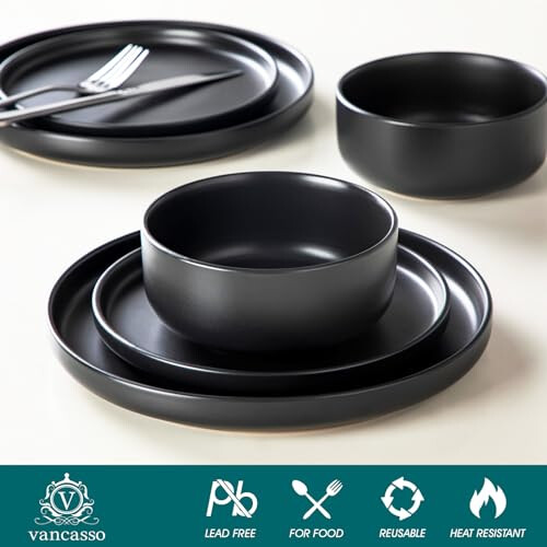 Black Plates and Bowls Set for 6, Stoneware Dinner Set 18 Piece ...