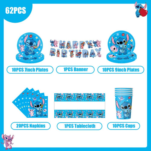 (62pcs, Other) Disney Stitch Birthday Party Decoration Tableware ...