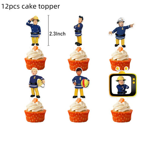 (12pcs cake topper) Fireman Sam Party Tableware Plates Cups Fire Engine ...