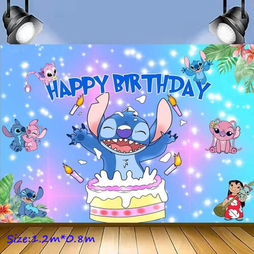 (Backdrop 120x80cm) Stitch Birthday Party Decoration Pink Angel&Stitch ...
