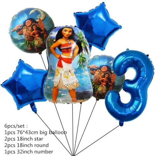 (6pcs number 3 set) Moana Theme Cartoon Party Tableware Set Cup Balloon ...