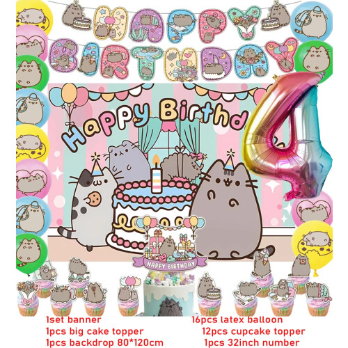 (1set 4, Other) The Pusheen Cat Birthday Decoration Party Supplies ...
