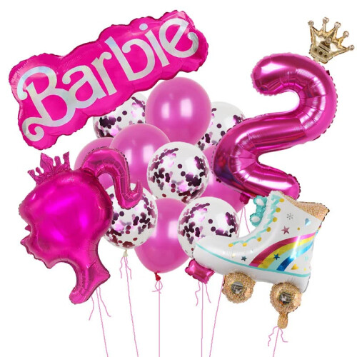 (NUMBER 2, Number) 15pcs Pink Barbie Crown Heart Star Foil Globos Rose ...