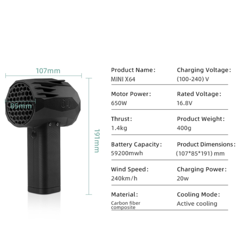 Mini X64 Blower Turbo Jet Fan Brushless Motor Powerful 20w Fast Charging Wind Speed 240km/H ...