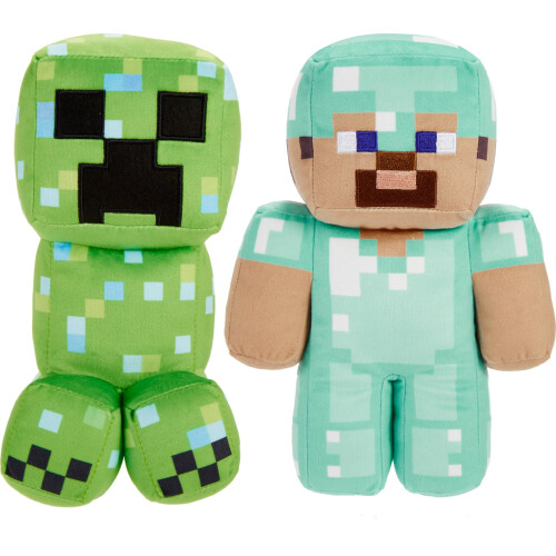 Mattel Minecraft Plush Figure 2-Pack Steve in Diamond Armor & Charged ...