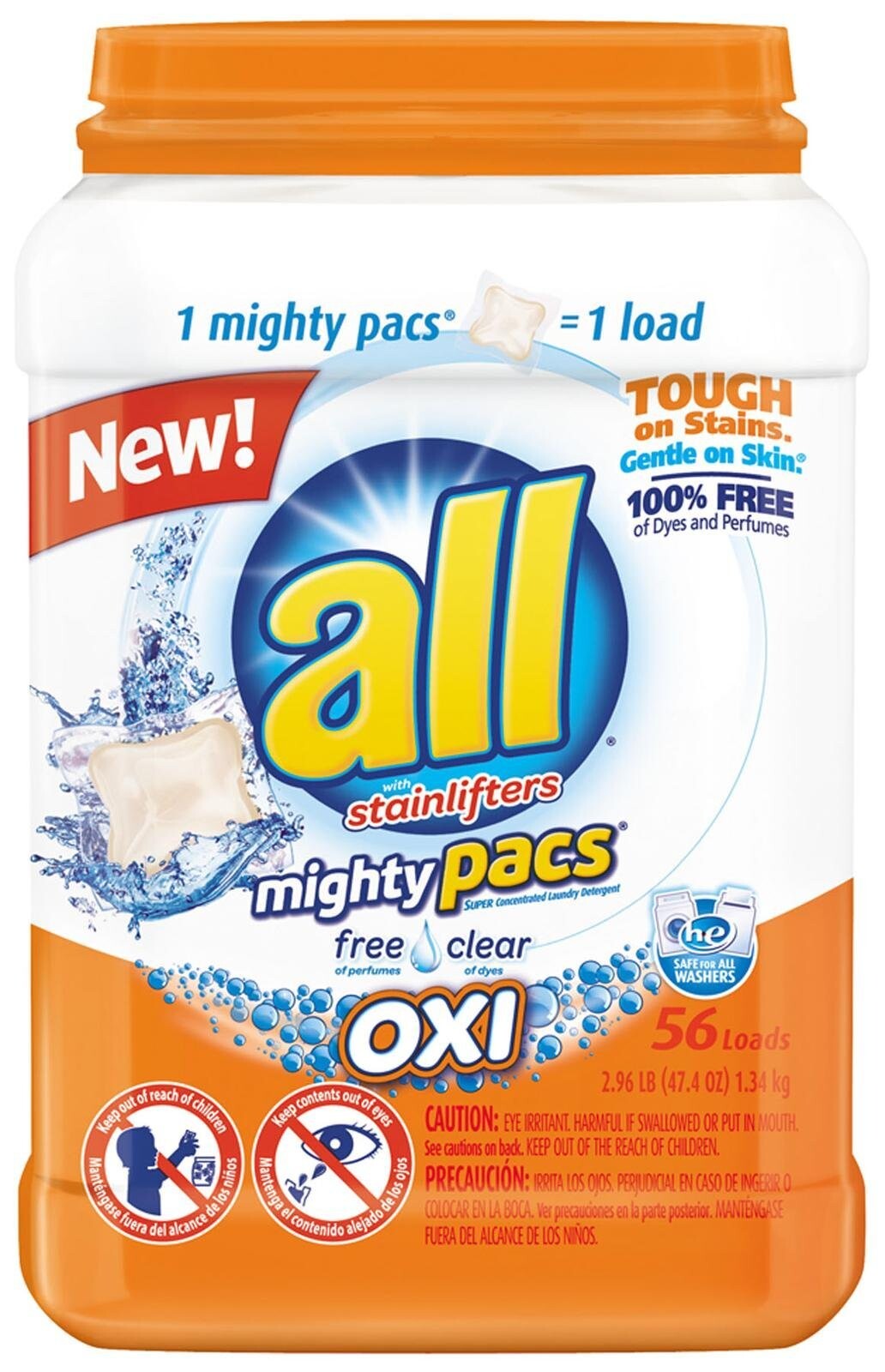 All Mighty Pacs Wasmiddel met OXI Vlekverwijderaars, Vrij en Duidelijk ...