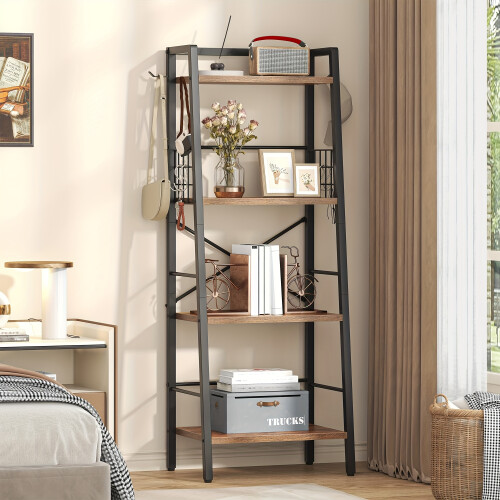 4 Tier Ladder Bookshelf, 110cm Tall Industrial Storage Shelf with Metal ...