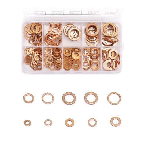 QWORK Copper Washers Assorted Kit, 200 Pcs Flat Copper Sealing Washers ...