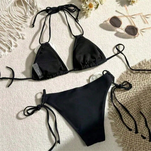 (Beige, L) Sexy 3D Flower Black Triangle Bikinis Set Micro Thong ...