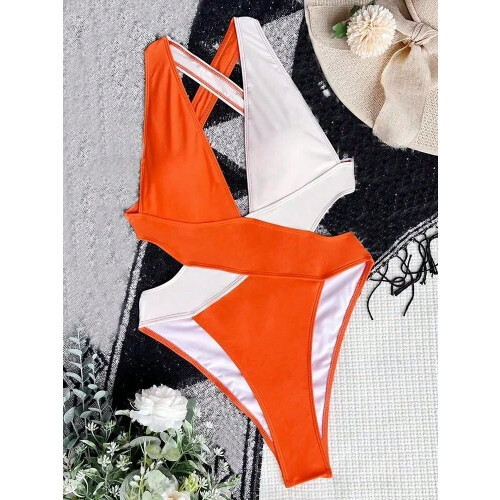 (B181Orange, L) Scrunch Butt Swimsuits Deep V Neck Cross Backless One ...