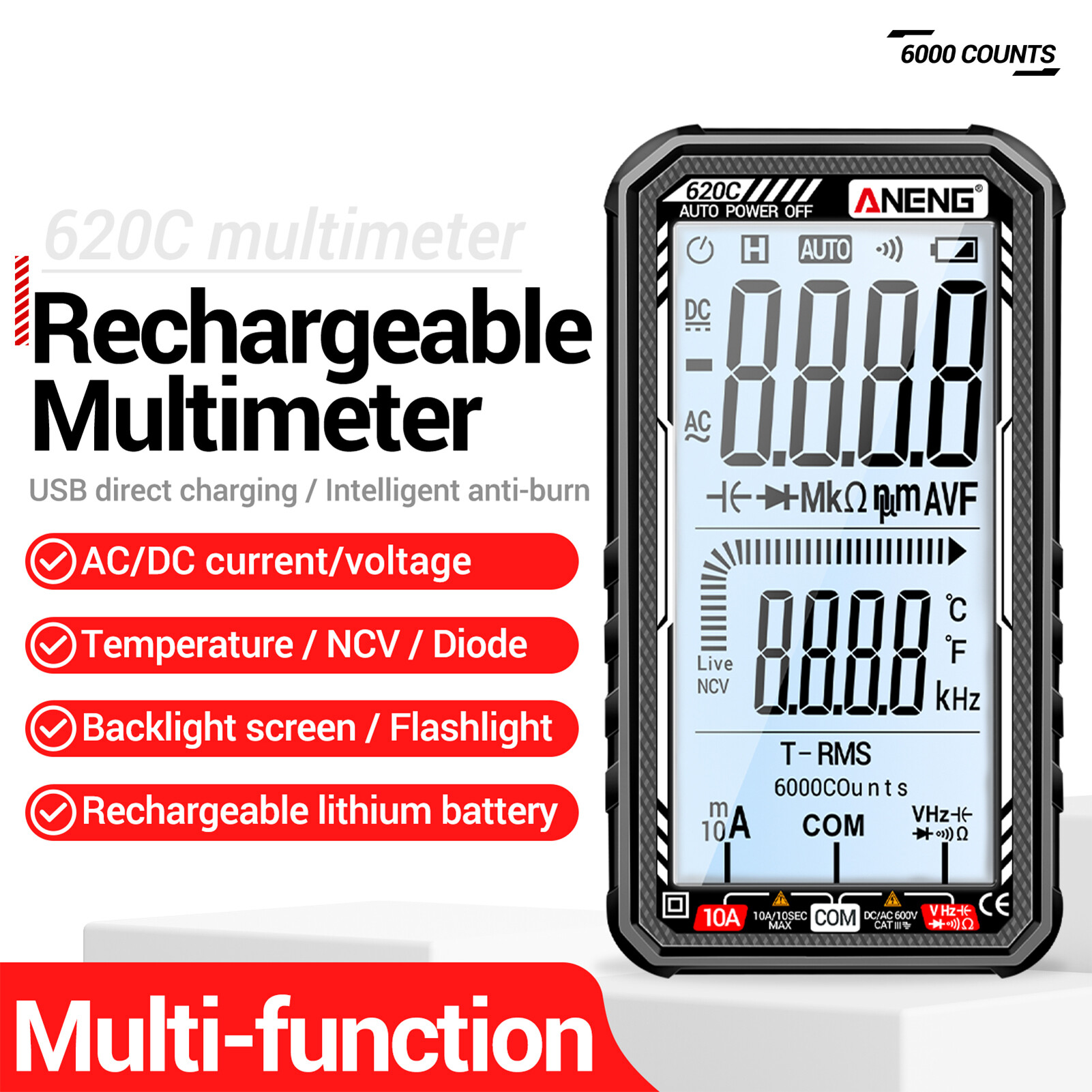 ANENG 620C Digital Multimeter 6000 Counts Transistor Testers True RMS ...