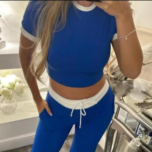 (Royal Blue, S/M (6-8) UK) Womens Ribbed Contrast Cap Sleeve Crop Top ...