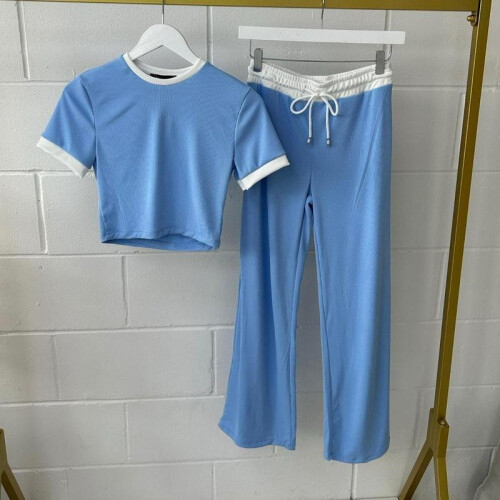 (Sky Blue, XL (14-16) UK) Womens Ribbed Contrast Cap Sleeve Crop Top ...