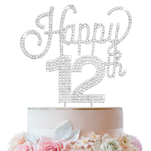 LINGTEER Happy 12th Birthday Silver Rhinestone Cake Topper - Cheers to ...