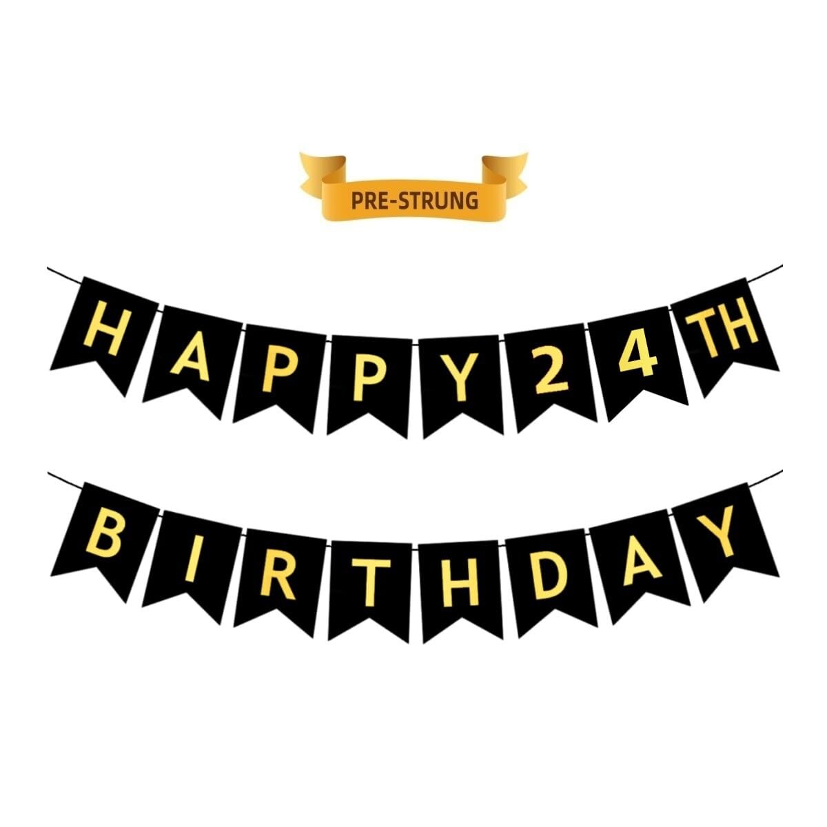 HAPPY 24TH BIRTHDAY Banner Pre-Strung Black Gold 24th Birth Party ...
