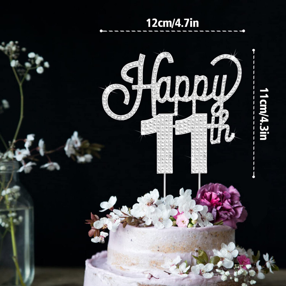 LINGTEER Happy 11th Birthday Silver Rhinestone Cake Topper - Cheers to ...