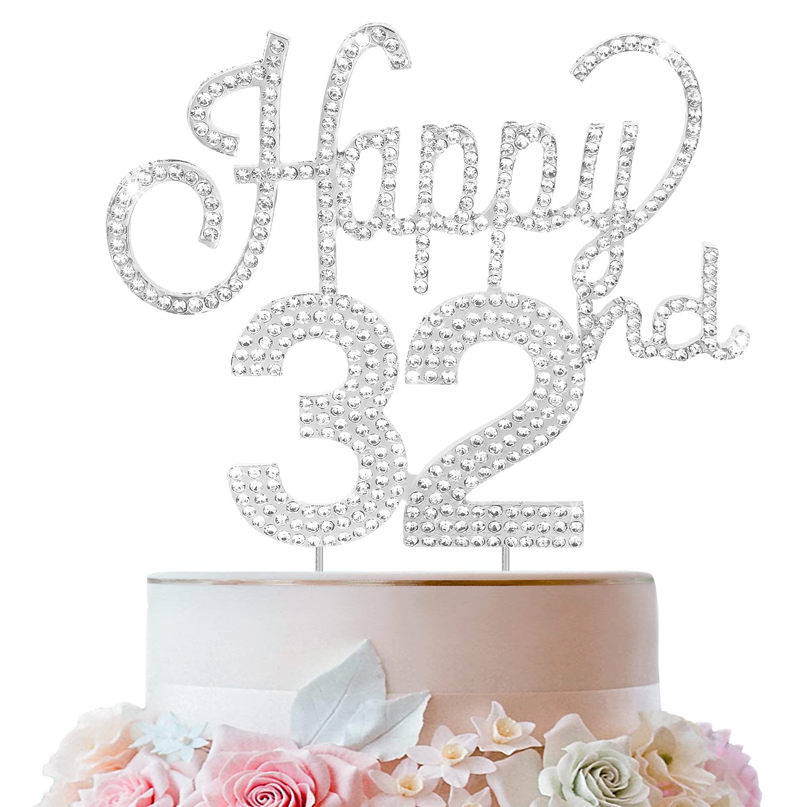 LINGTEER Happy 32nd Birthday Silver Rhinestone Cake Topper - Cheers to ...