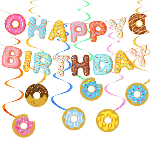 BIEUFBJI Donut Happy Birthday Banner Donut Hanging Swirl Donut Theme ...