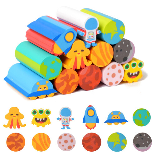 Wolpark 12pcs Large Aliens Planets Erasers for Kids 3D Long Spaceman ...