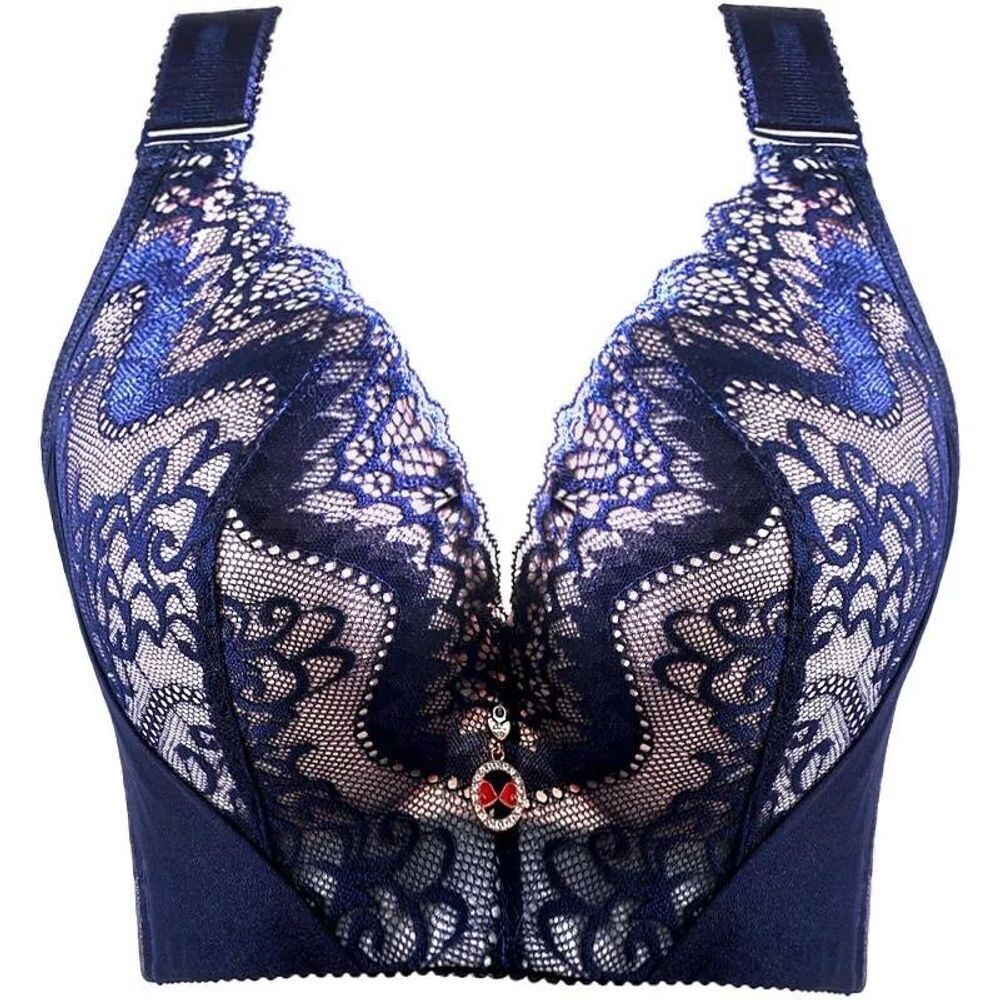 (blue, 42/95D) Plus Size Sexy Push Up Bra 34-46 C D Cup Embroidery Lace ...