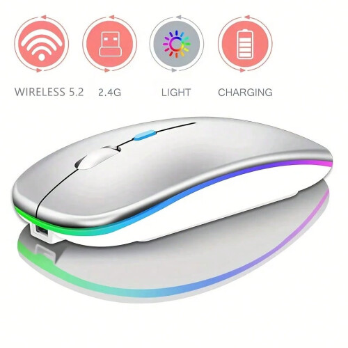 (Sliver) Ultra-Slim Wireless Rechargeable Mouse with LED Lighting, Dual ...