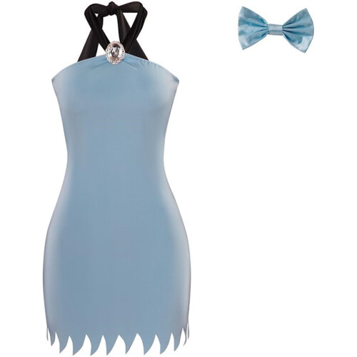 (XXL) Women's Betty Rubble Cosplay Costume Sexy Halter Blue Dress with ...
