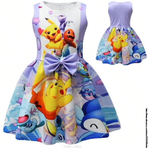 (dress-2, kids 140) MINISO Pikachu Pokémon Girl Dress Cartoon Summer ...