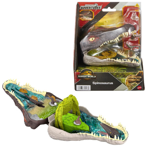 Mattel Jurassic World Rebirth Micro Adventure Playset Spinosaurus Head ouvre sur 4 caract ...