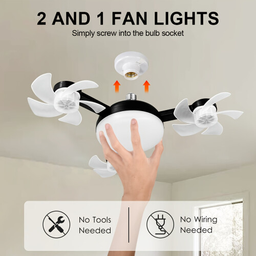(3 Heads - Drone Black) LED Smart Ceiling Fan Light - E27/E26 Socket ...