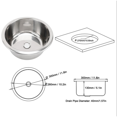 Round RV Sink Stainless Steel Kitchen Bar Single Bowl Sink with 40mm ...